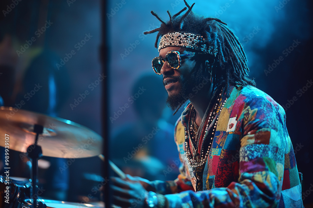 Cobra Reggae Performer on Stage with a Drum Set, Providing Infectious ...