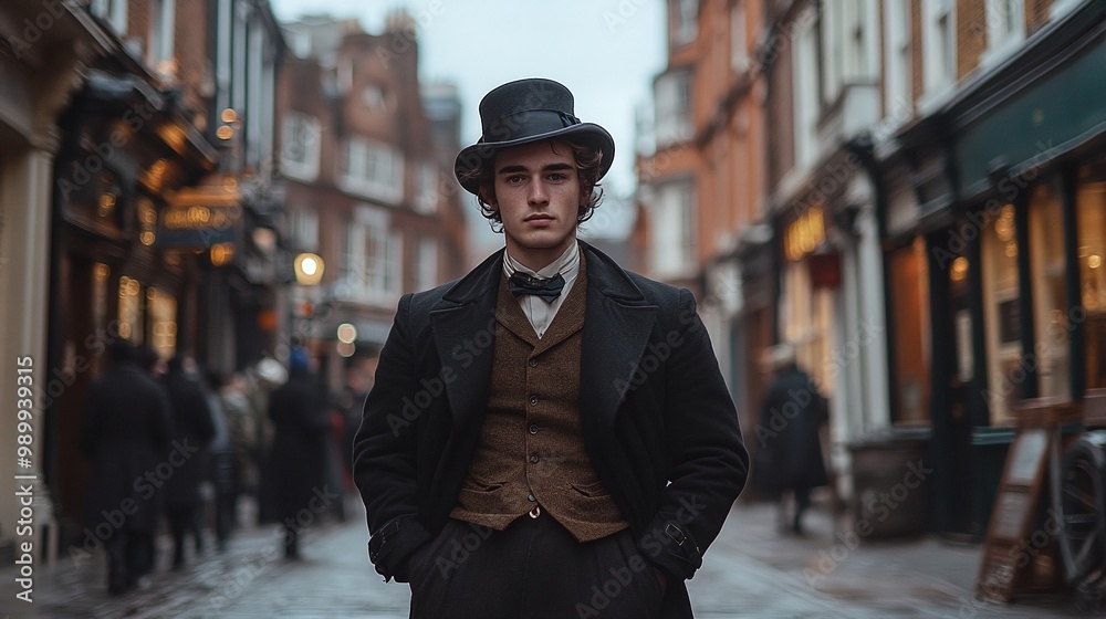 portrait of a young man in 19th century britain standing on a city ...