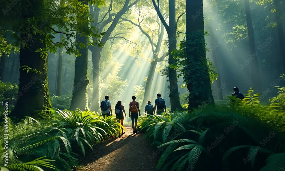 A group of friends exploring a dense rainforest, surrounded by tall ...