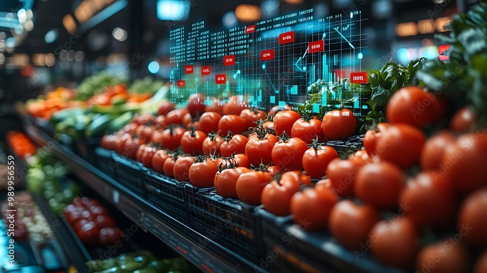 A table filled with fresh produce, with a graph showing increasing ...