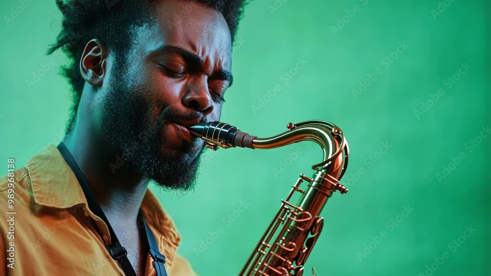 Musician with a beard and yellow shirt plays a shiny saxophone against ...