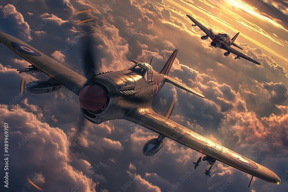 A British Spitfire plane soaring high above the clouds, showcasing its ...