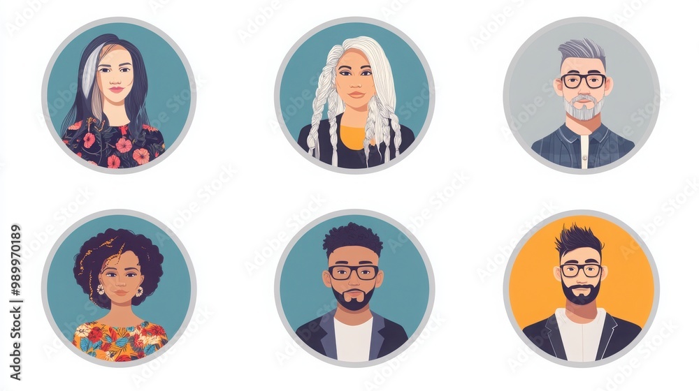 a set of realistic illustrated avatars in circular frames, featuring ...
