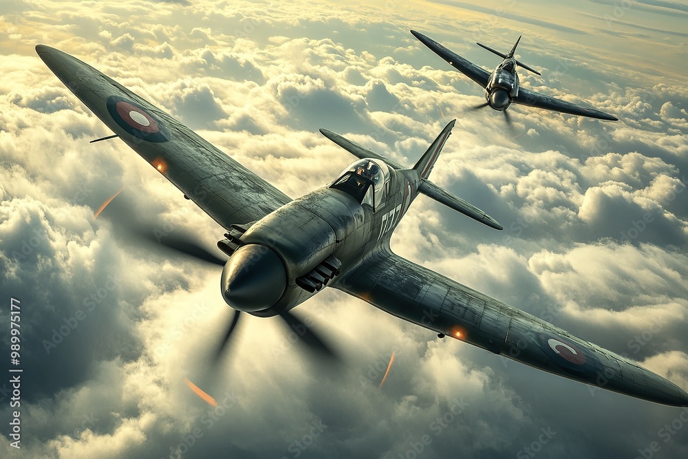 A British Spitfire plane soaring high above the clouds, showcasing its ...