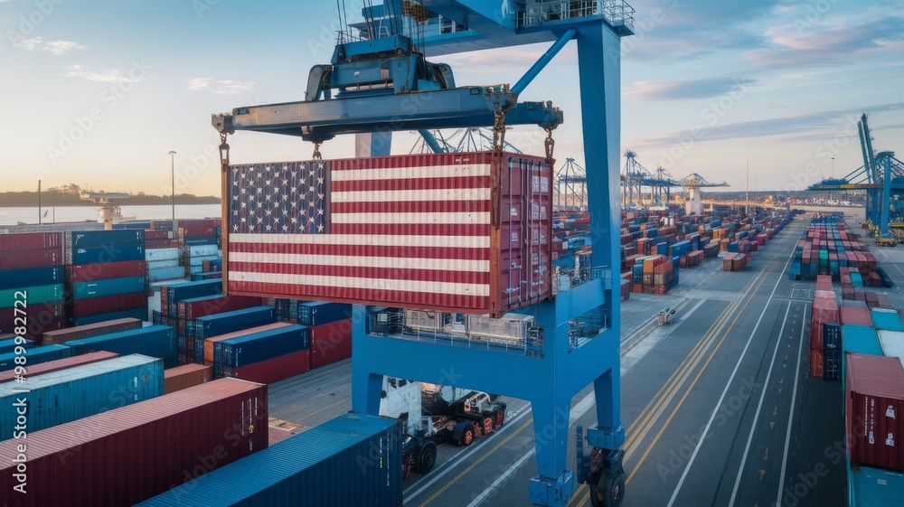 Port crane lifting American flag container symbolizing global shipping ...
