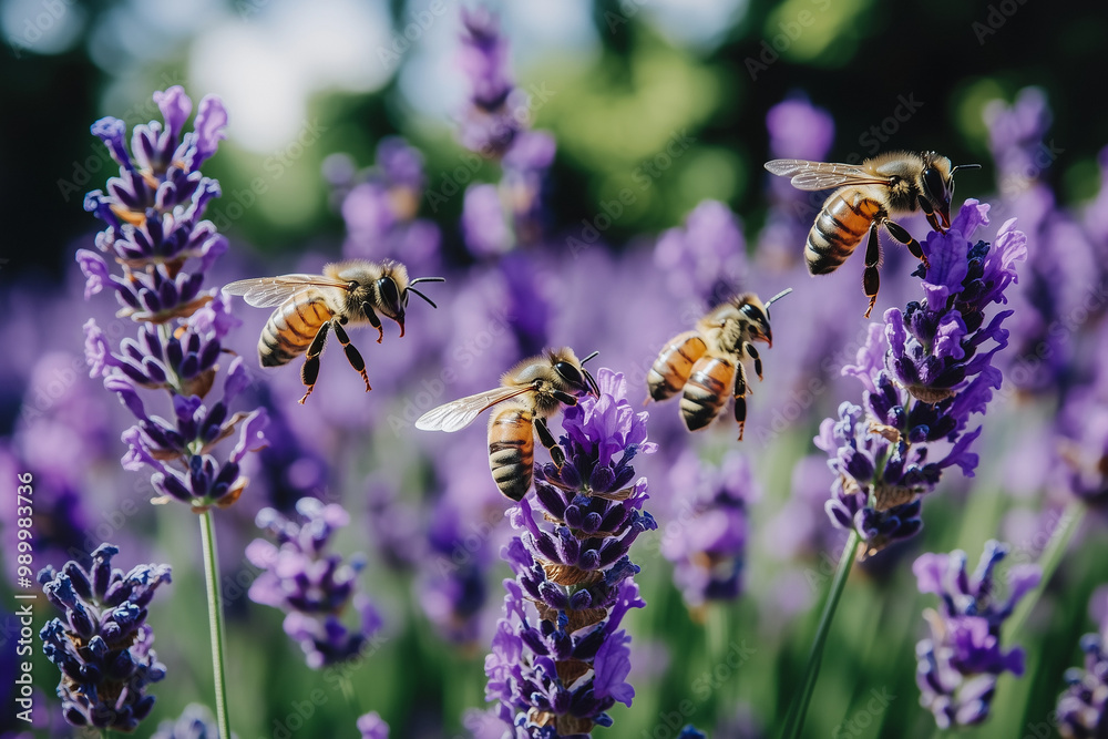 Bees buzzing around a patch of fragrant purple lavender flowers ...