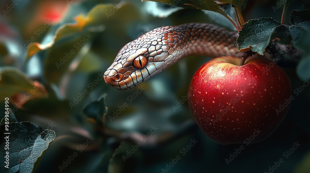 scene of a snake in an apple tree next to a red apple depicting ...