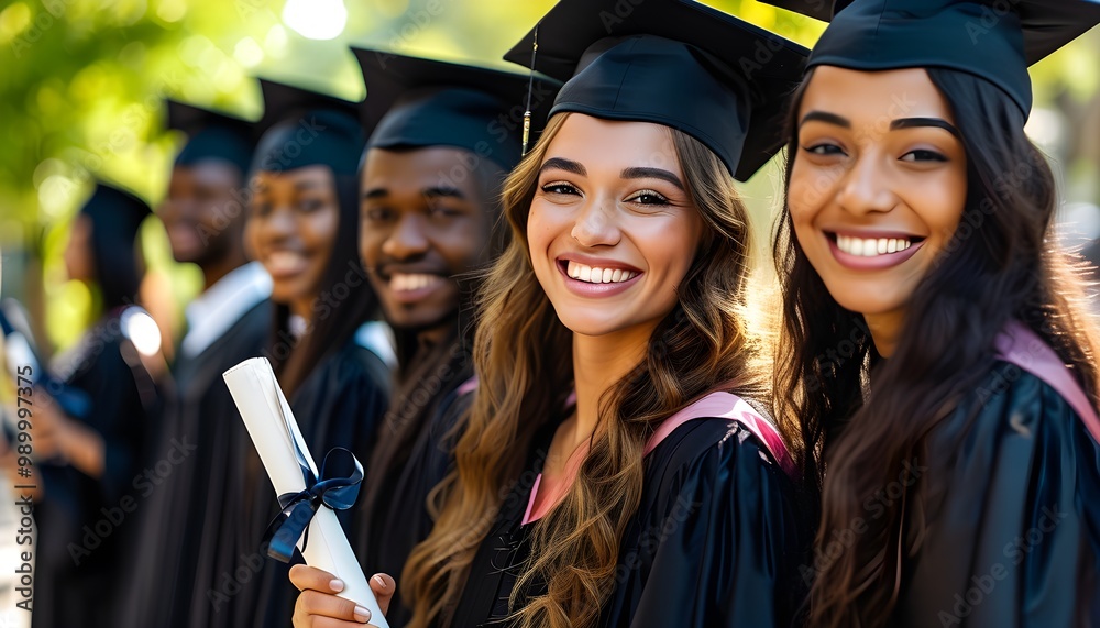 Celebratory moment of young graduates in caps and gowns, proudly ...