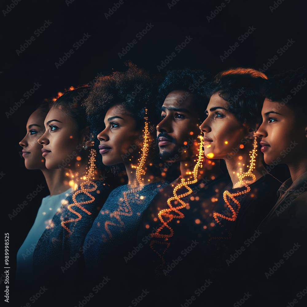 A diverse group of people with DNA strands glowing behind them ...