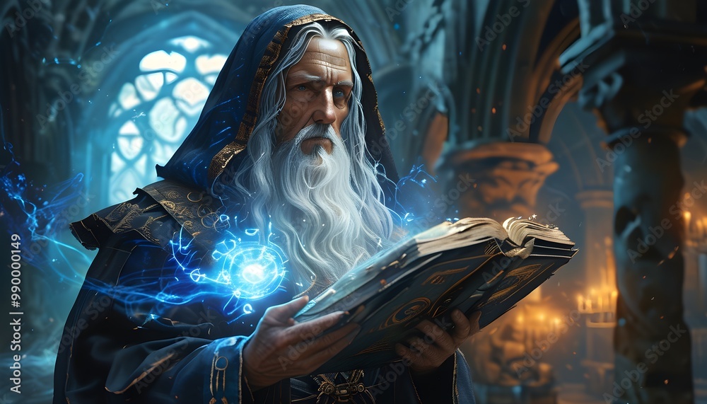 Arcane wizard conjuring blue energy from an ancient tome in a dark ...