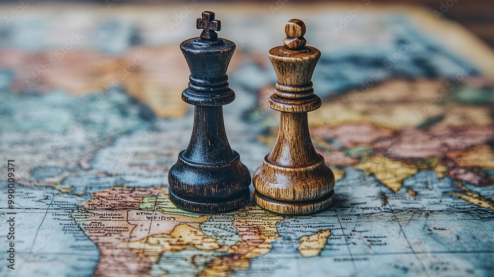 chess pieces on a world map symbolizing geopolitics, representing the ...