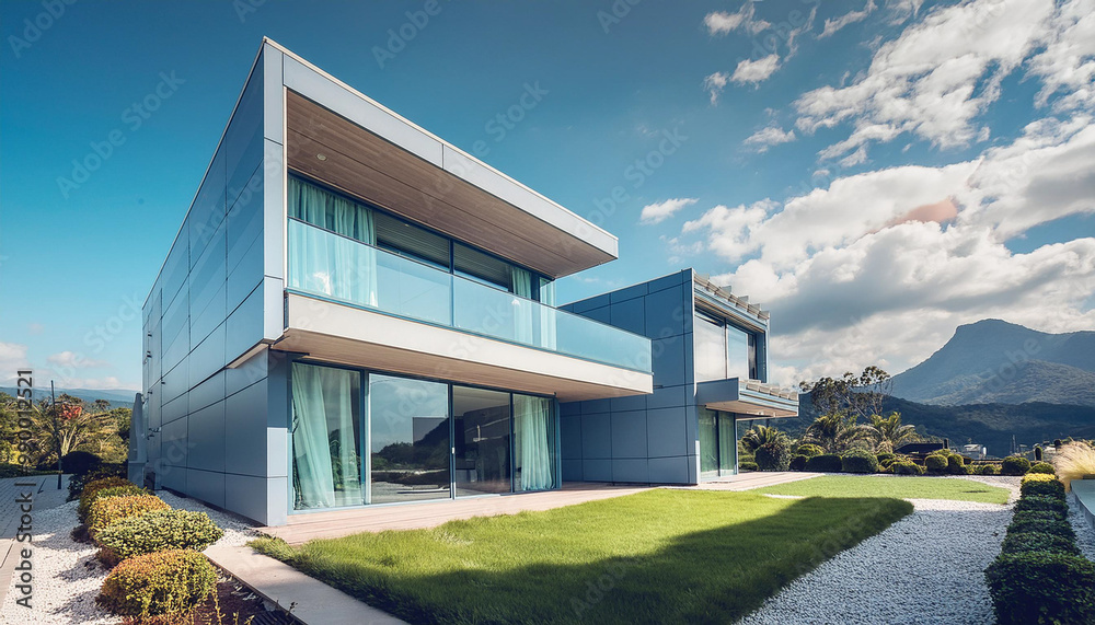 Perspective of high rise building and dark steel window system with ...