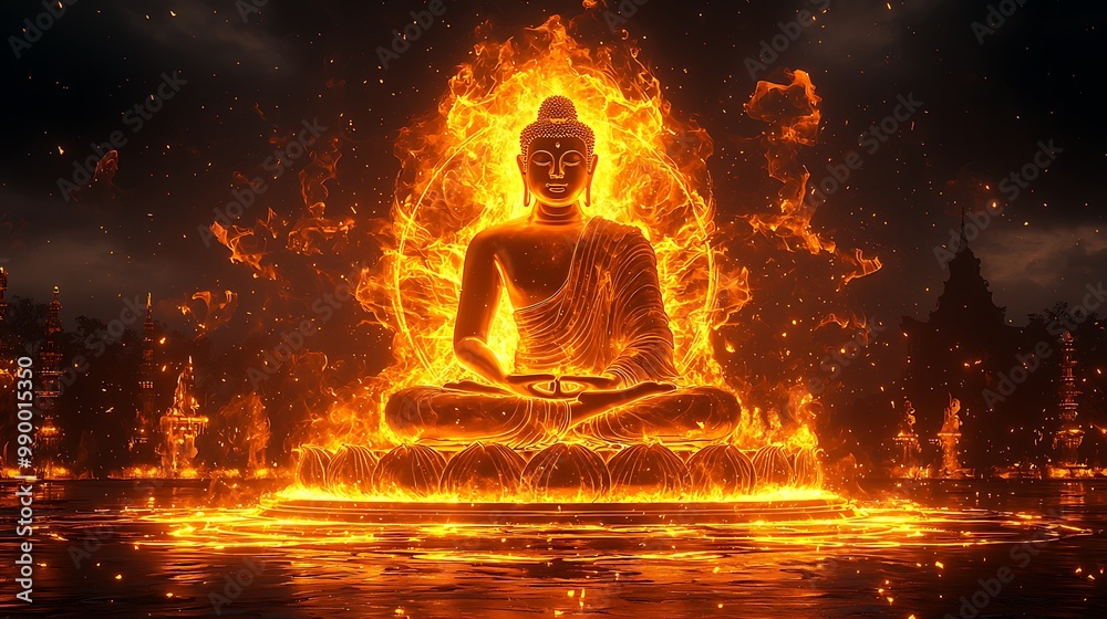digital art of buddha holding lotus flower golden glow around his body ...