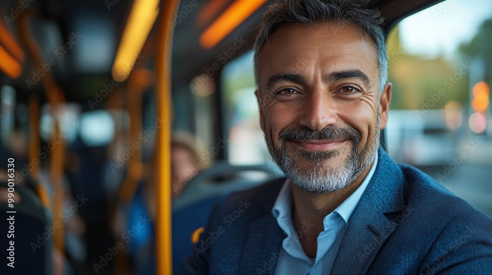 happy businessman on a public bus, traveling to work while reducing air ...