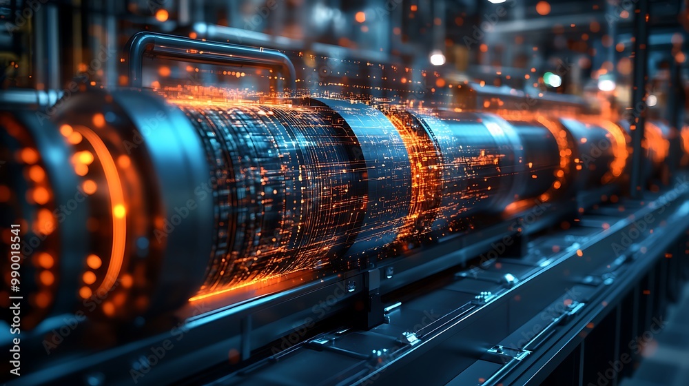 A glowing factory model overlaid with abstract tech patterns and data streams, depicting the ...