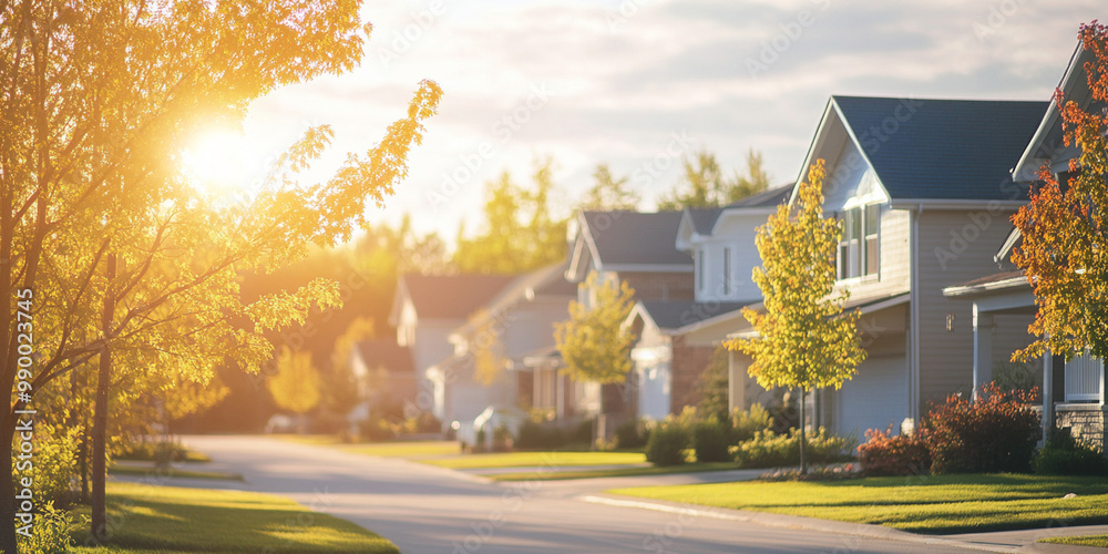 peaceful suburban street with newly built houses, bathed in warm ...