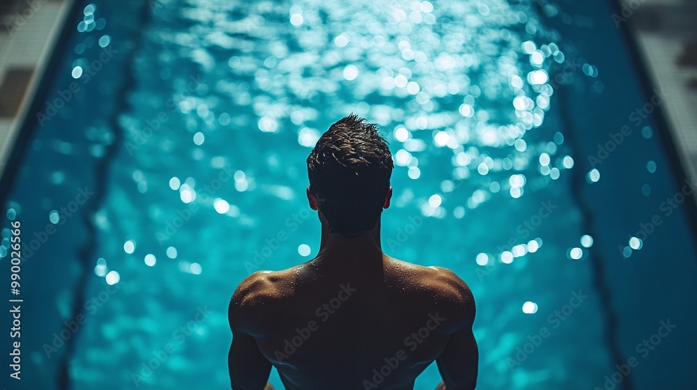 back view of an athlete poised on a diving tower, ready to perform a ...