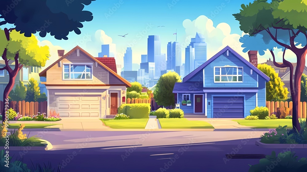Cartoon suburban houses with a garage and lawn near a street road, with ...