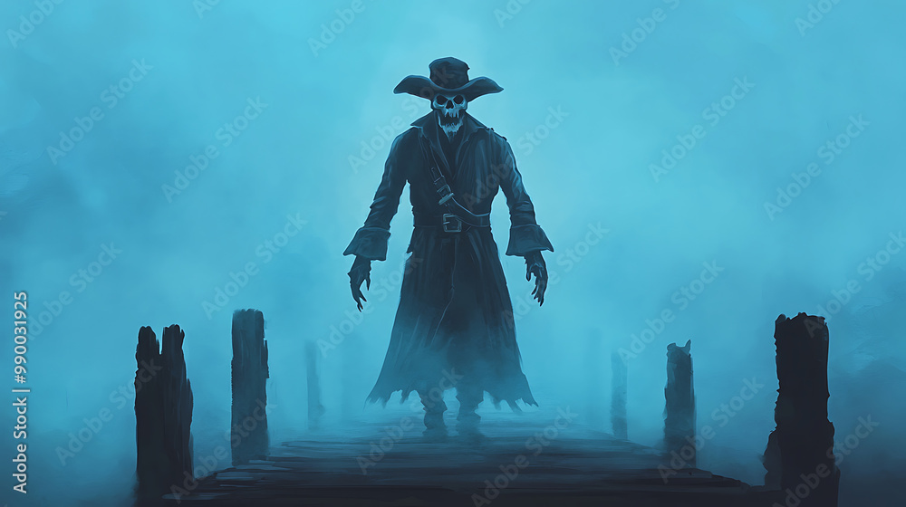 Eerie ghost pirate captain standing on foggy dock, shrouded in mist ...