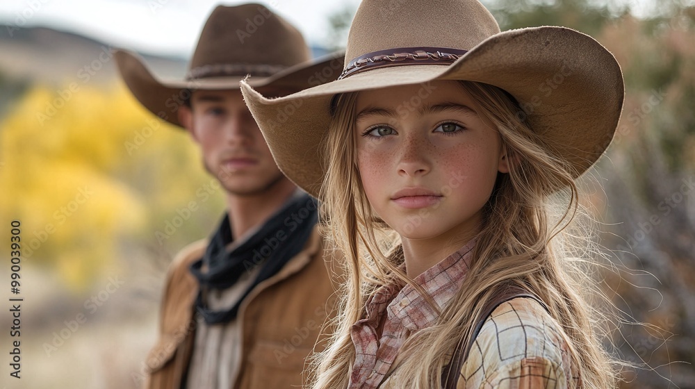 young cowgirl and cowboy teens in a rural midwest landscape, embracing ...
