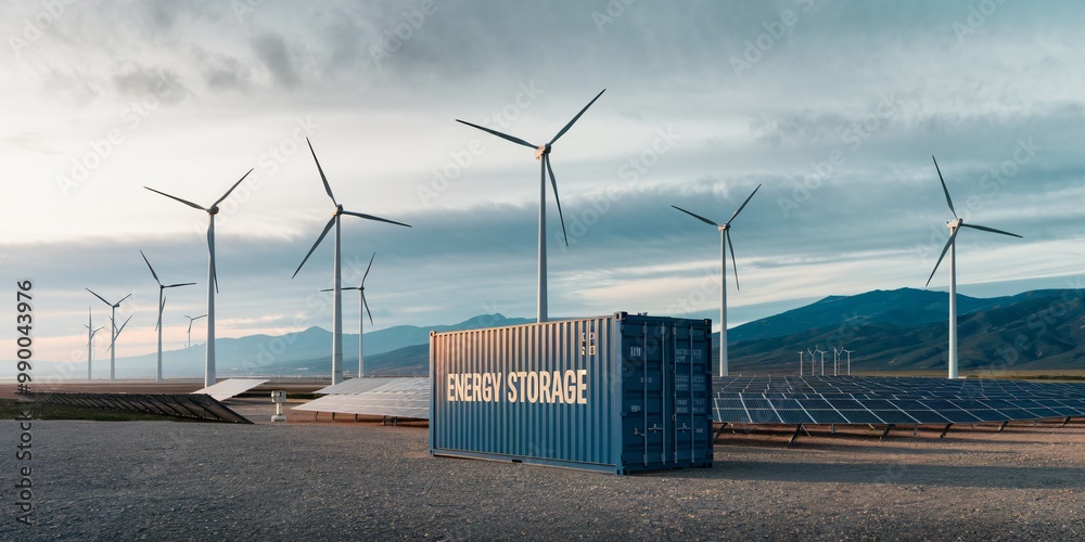 A photo of a modern battery energy storage system with solar panels and ...