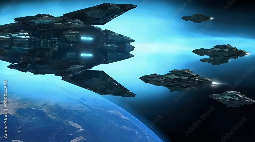 A massive alien mothership hovering above Earth, surrounded by glowing ...