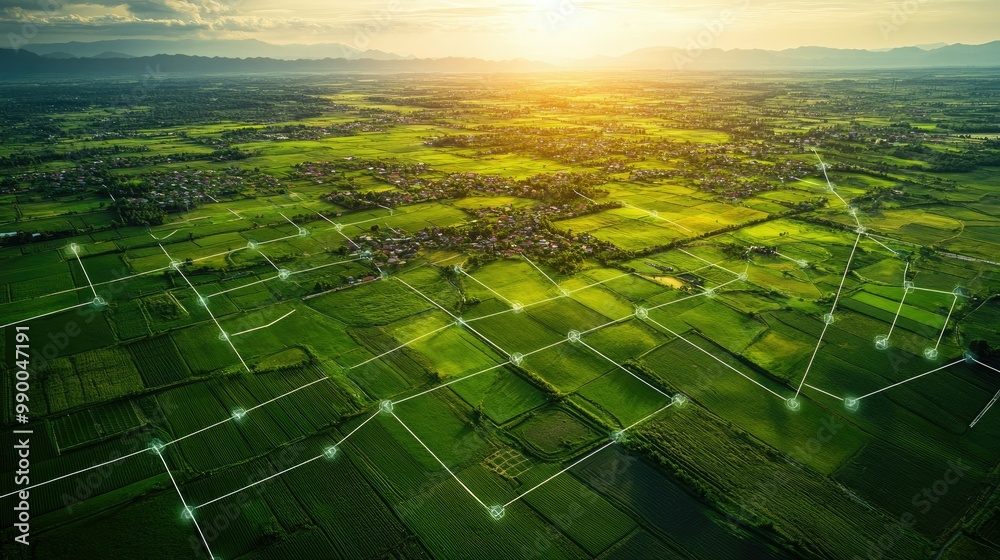 Aerial view of fields and urban sprawl, marked with network nodes for ...