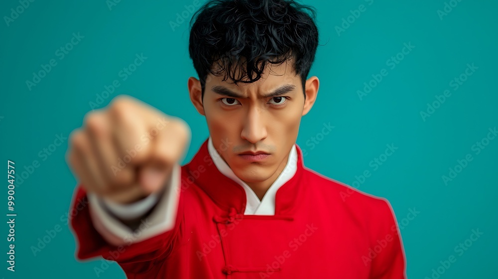 In a dramatic moment, a young Asian man in Kung Fu gear prepares to ...