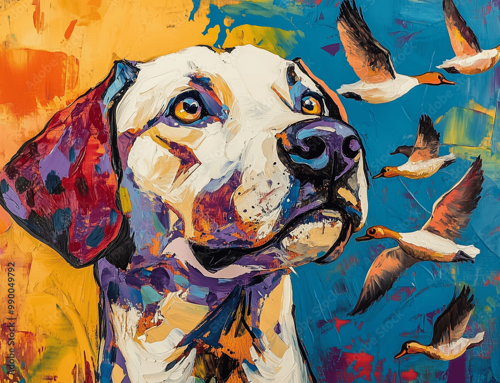 Skyward Glances: Colorful Dog Portraits with Bird Motifs, Duck Hunting ...