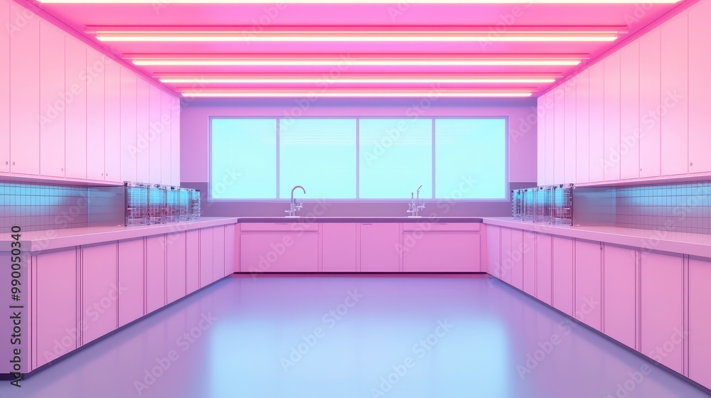 Modern Sustainable Kitchen with Pink LED Lighting Representing ...
