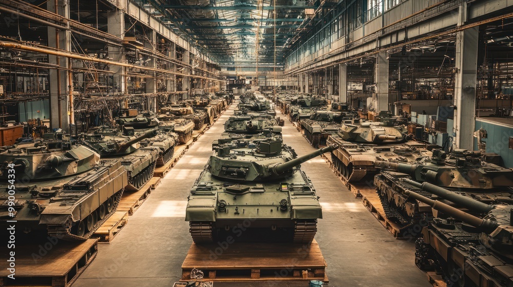 A military weapons factory with rows of firearms, tanks, and heavy ...