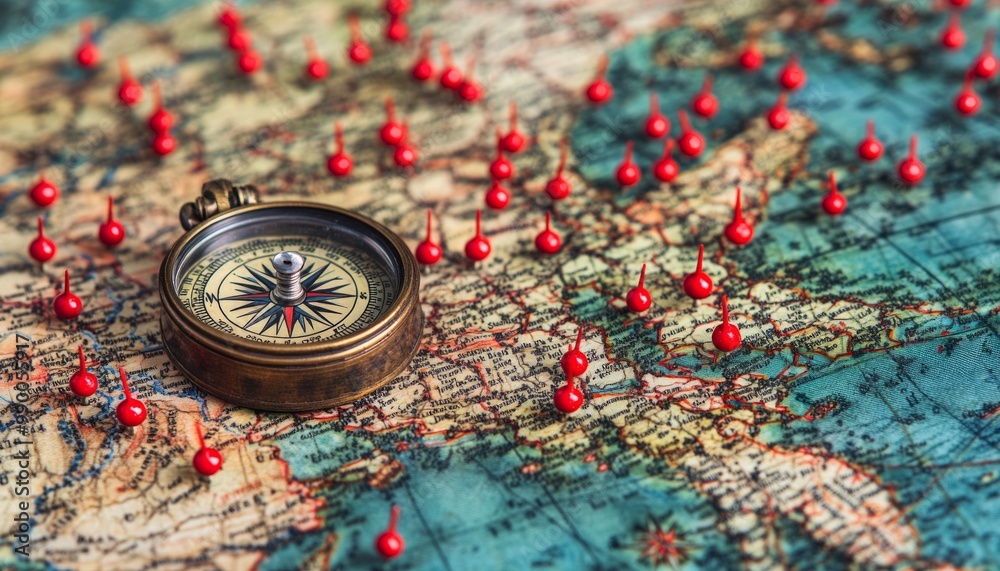 Compass and red pushpins on a world map representing global exploration ...