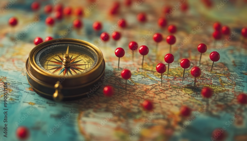 World map with compass and red pins representing exploration navigation ...