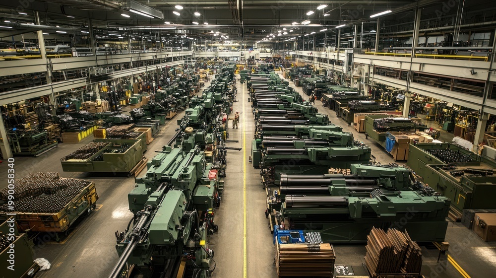 The arms industry in full production, with rows of military equipment ...