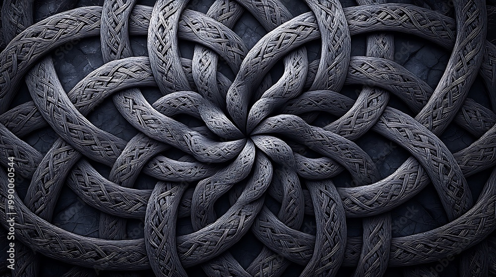 A mandala based on intricate Celtic knot patterns, featuring woven loops and spirals, black and ...