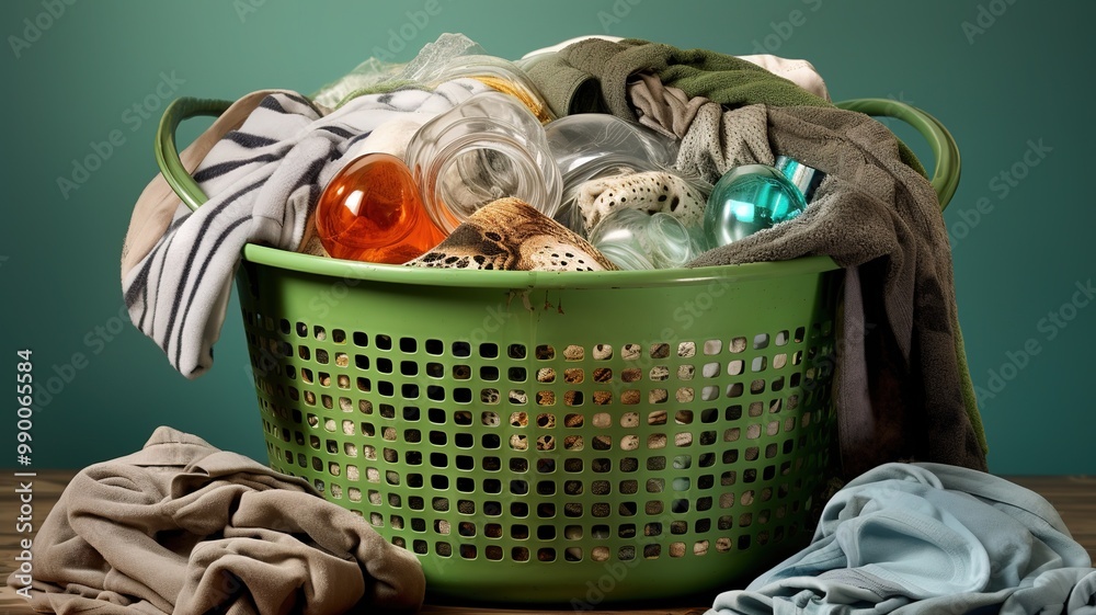 A laundry basket overflowing with damp, smelly clothes, with some items ...