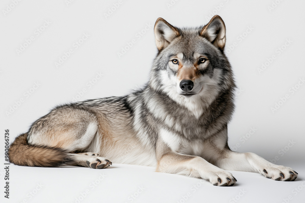 Gray Wolf Resting A gray wolf lying down with a relaxed yet attentive expression Stock Photo ...