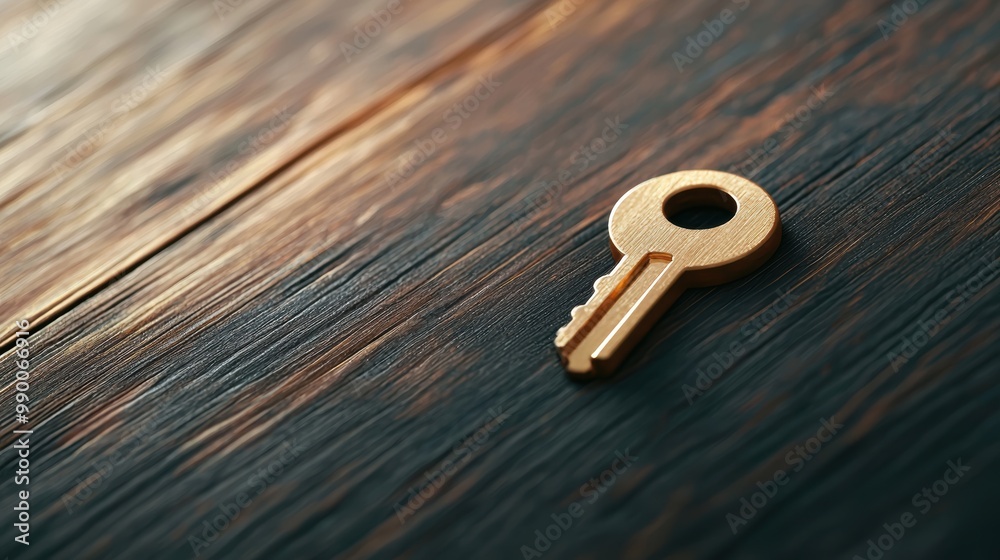 Golden key on wooden surface symbolizing a hidden secret A single ...