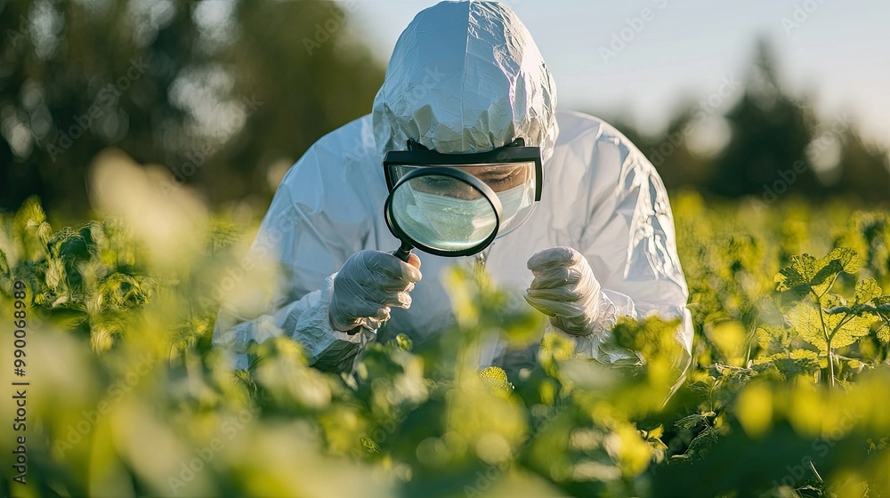 Field inspector in a full protective suit using a magnifying glass to ...