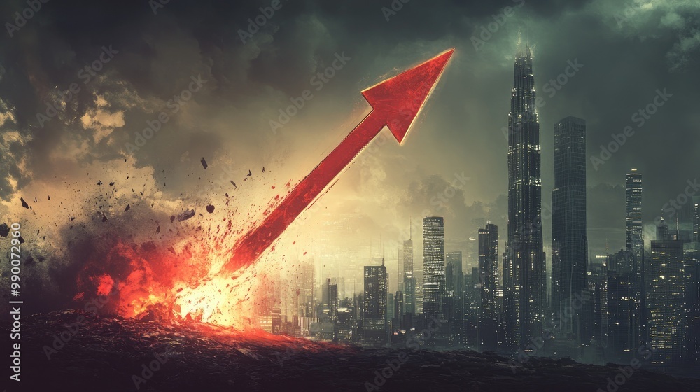 Giant red arrow breaking through the ground in a futuristic skyline ...