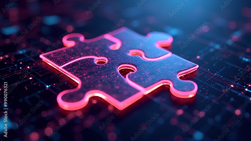 API integration concept with neon puzzle pieces interlocking on a ...