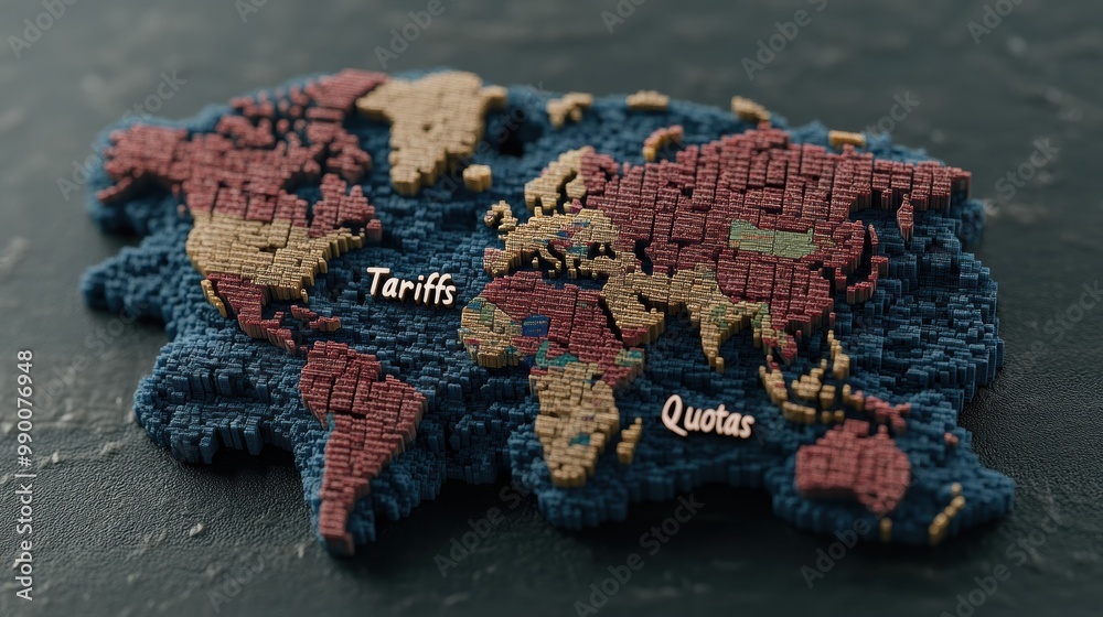 A world map highlighting tariffs and quotas in various countries ...