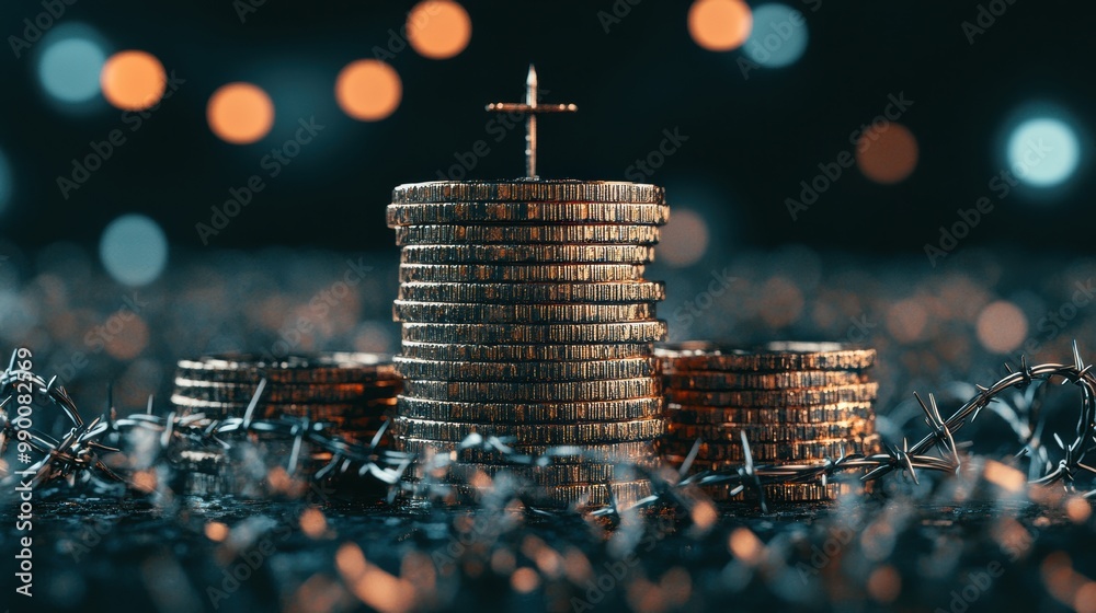 Stacked coins ensnared in barbed wire, symbolizing financial hardship ...