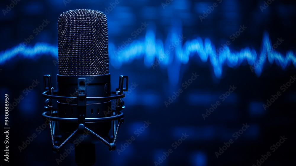 Microphone captures sound waves in a dark studio setting with blue ...
