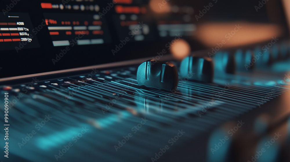 Detailed view of a sound mixing console with illuminated buttons in a ...