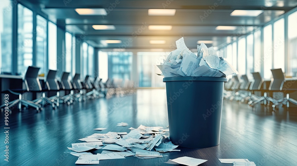 Trash bin overflowing with paper in an unused meeting room ...