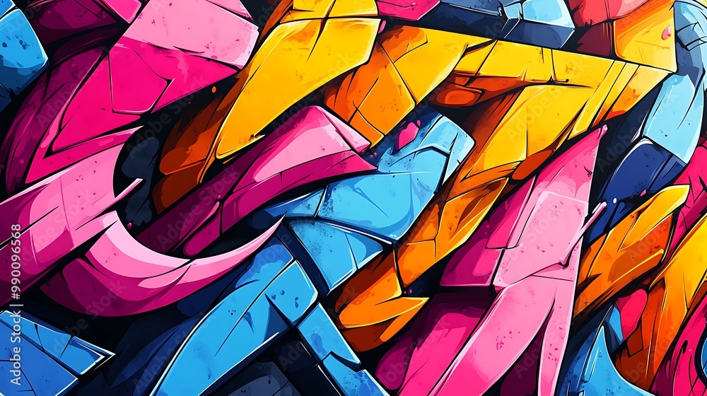 Abstract mosaic of graffiti shapes, vibrant neon colors and bold lines ...