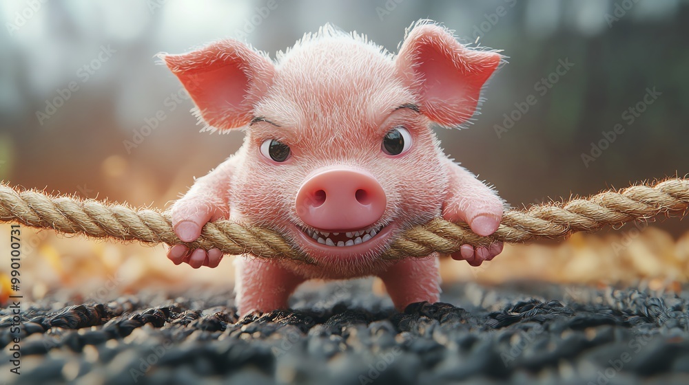 Pig competing in a tugofwar contest, pulling the rope with all its ...
