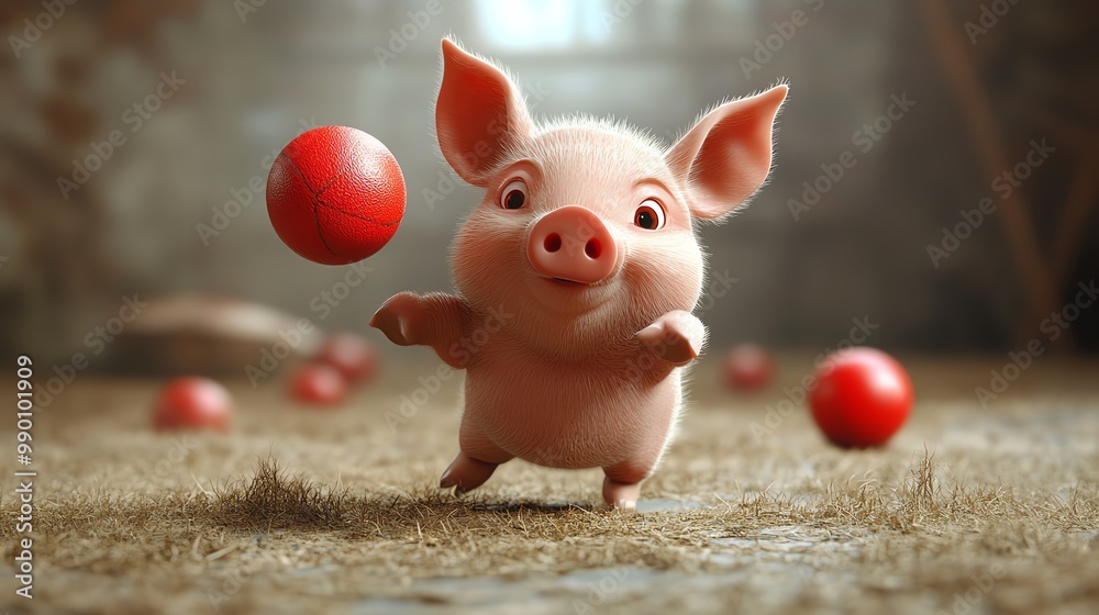 Pig playing bocce ball, aiming carefully before throwing, relaxed and ...