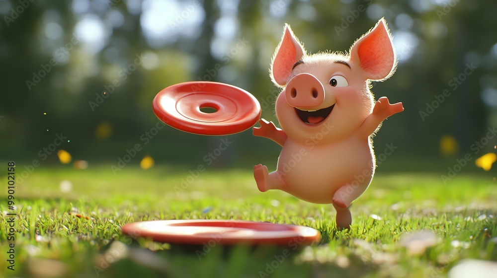 Pig playing frisbee, jumping high to catch a flying disc, vibrant and ...
